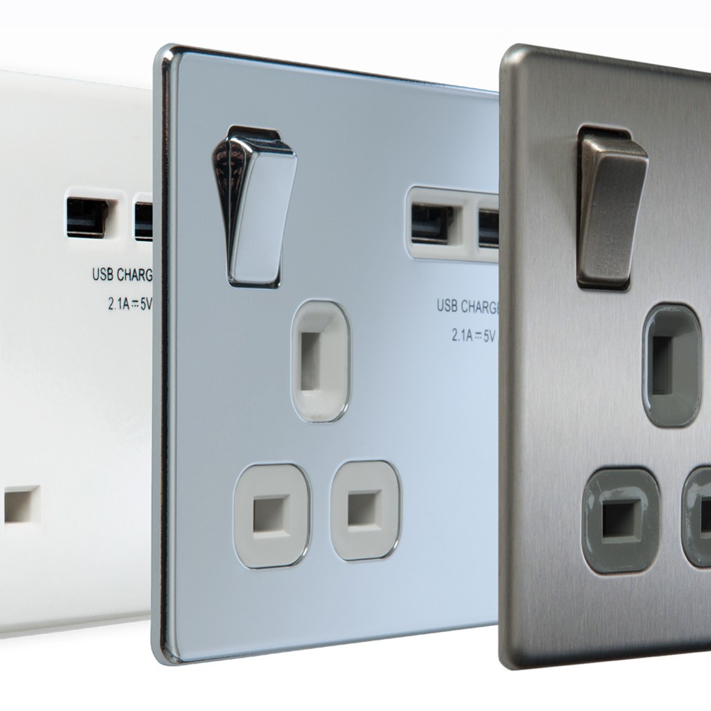 Brushed Steel Grey Insert Double Switched Socket With USB Charger 2.1A ...